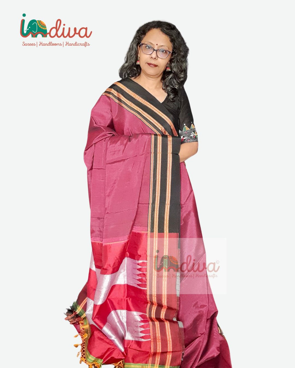 Handwoven Red & Black Ilkal Saree With Gayatri Border – Indiva