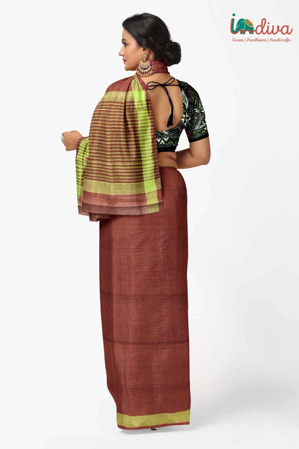 Brick Red Andhra Checks Handloom Cotton Saree – Indiva
